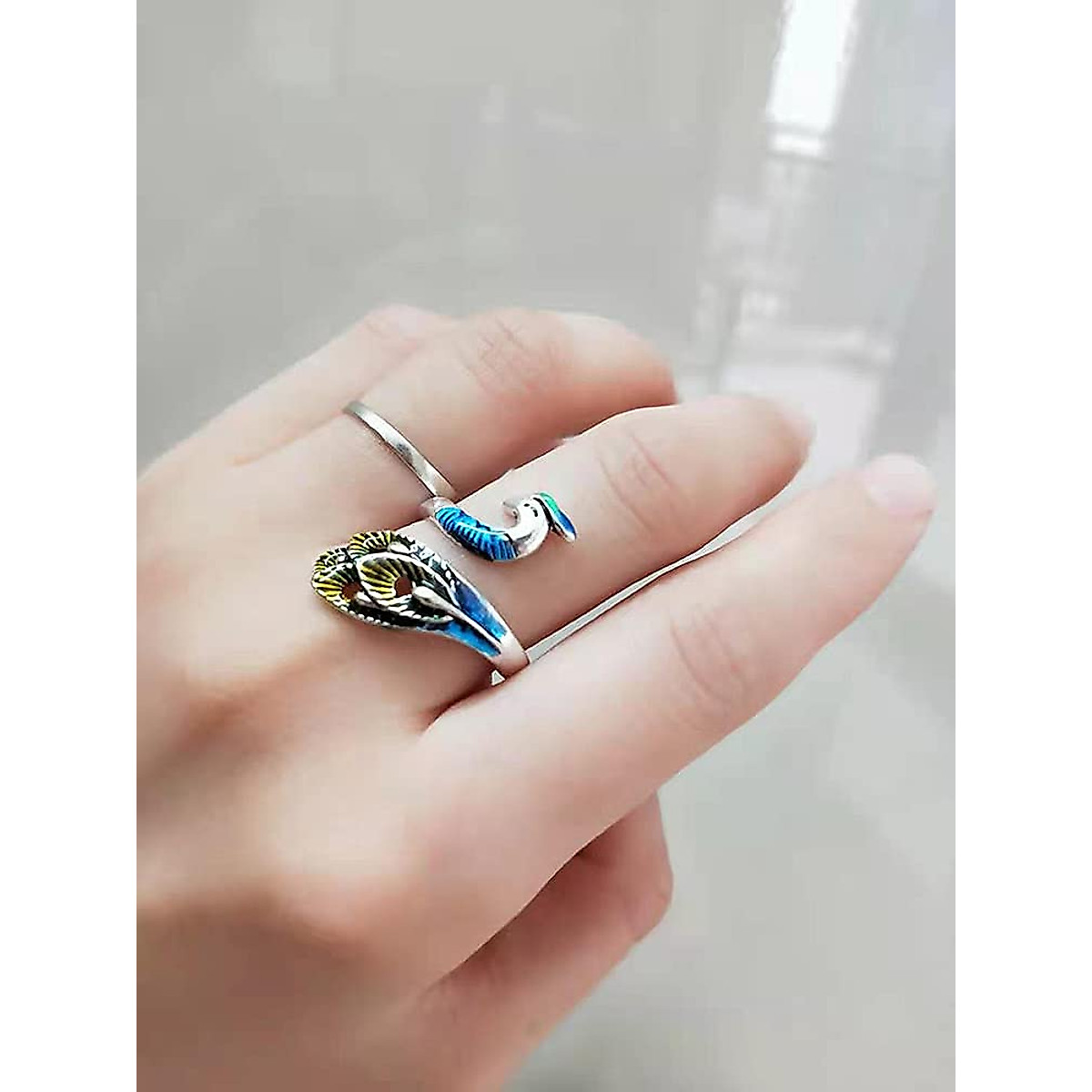 Vintage Enameled Peacock Ring for Women Girls Silver Plated Statement Adjustable Expandable Animal Open Band Finger Rings Comfort Fit Boho Delicate Mother's Day Christmas Jewelry