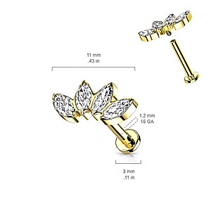 Pierced Owl 16GA G23 Implant Grade Titanium Four Marquise CZ Crystal Fan Internally Threaded Stud (Gold Tone)