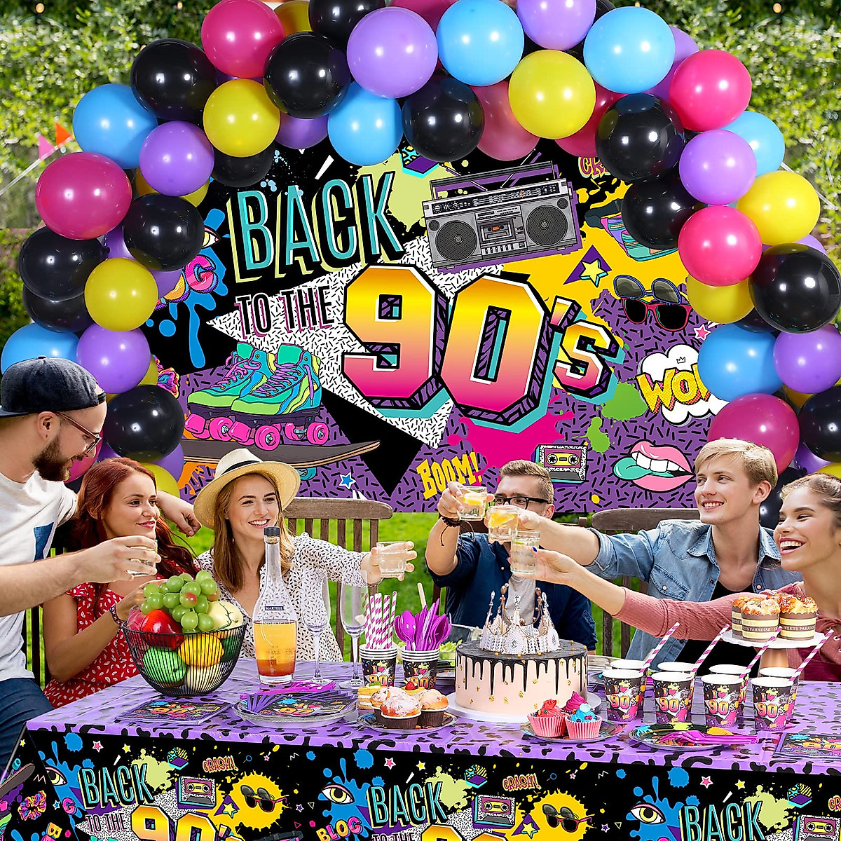 90s Party Decorations 90s Theme Backdrop Latex Balloons Back to The 90's Tablecloth Party Tableware Set 90's Paper Plates Napkins Knife Forks Flatware for Birthday Hip Hop Graffiti Supplies