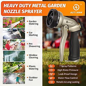 AUTOMAN Garden Hose Nozzle - 7 Patterns Sprayer, 100% Metal High Pressure Spray Nozzle, Labor-Saving Design, Heavy Duty Water Hose Nozzle for Garden Watering, Car Washing, Window Cleaning,Pets Bathing