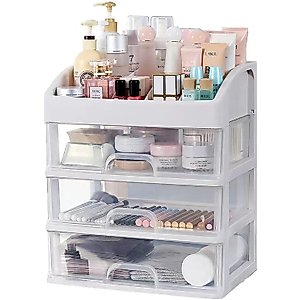 Freebirdly Makeup Organizer with 3 Drawers Plastic Storage for Vanity Cosmetic Display Cases Large Capacity Bathroom Countertop Plastic Storage for Skin Care Products(Arc Type)