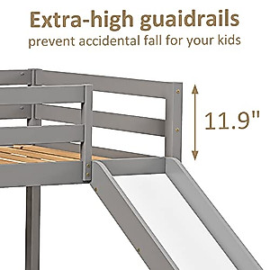 TOLEAD Loft Bed with Slide, Wood Twin Low Loft Bed with Climbing Ladder & Storage Space for Kids Toddler, Grey