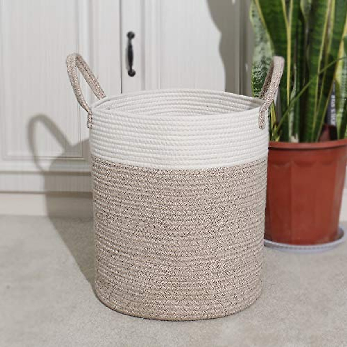 Woven Cotton Rope Basket, Tall Laundry Blanket Storage Basket with Built-in Sturdy Handles, Baby Nursery Bin for Home Decor and Organizing