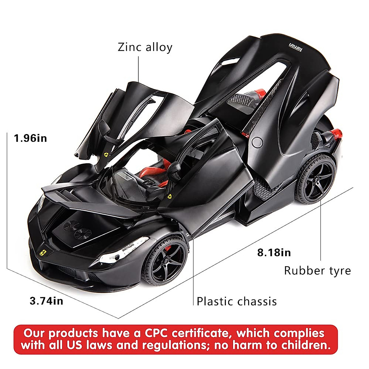 BDTCTK Compatible for 1:22 Ferrari RAFA Toy Model Car, Zinc Alloy Pull Back Car with Sound and Light and Body Door Opened, Toy Car for Kids Boy Girl Gift Black