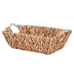 LONGERO Handcrafted Water Hyacinth Basket with Wooden Handles, Wicker Shelf Basket for Storage and Organizing, Rectangular, 1 Pack, Large Size