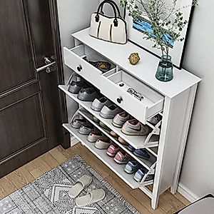 ECACAD Modern Shoe Storage Cabinet with 2 Flip Drawers & 2 Pull-Out Drawers, Wood 3-Tier Shoe Rack Organizer for Entryway, Bedroom, Hallway, White (35”W x 10”D x 41.1”H)