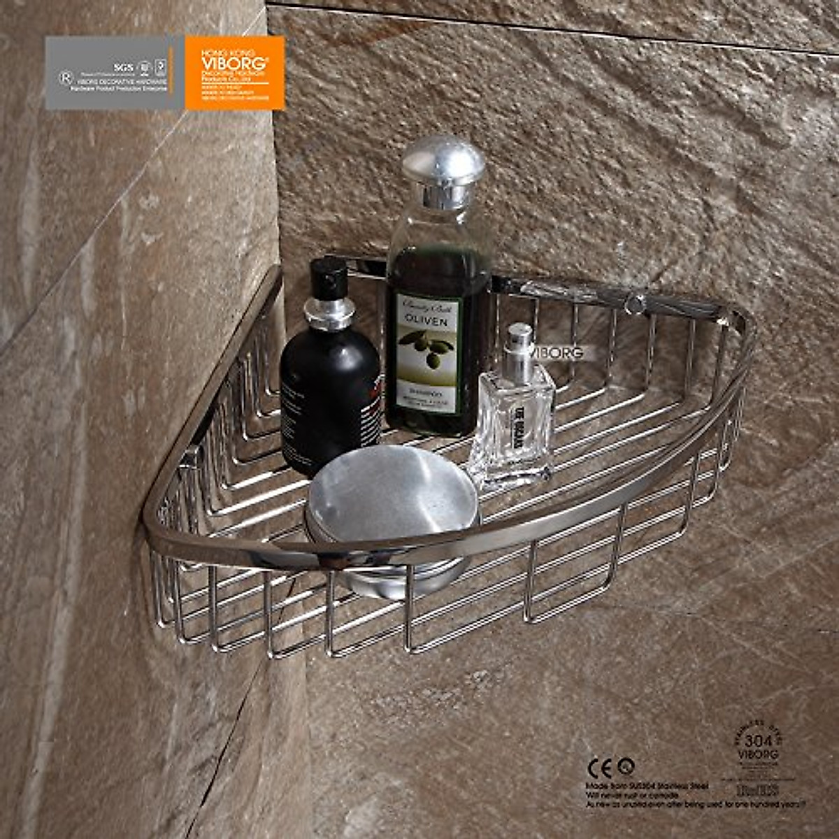 VIBORG Deluxe Solid Thick SUS304 Stainless Steel Wire Wall Mounted Single Tier Bathroom Corner Shower Basket Bath Caddy Shelf Organizer Storage Holder for Shampoo Conditioner. Polished mirror-like