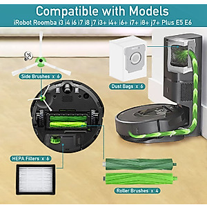 NEACUTE Vacuum Cleaner Attachments Replacement Parts - Compatible for iRobot Roomba i3 i4 i6 i7 i8 i8 E5 E6 E7 &J7, 2 Roller Brushes, 6 HEPA Filters, 6 Side Brushes, 6 Dust Bags