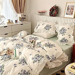 JamChe Lovely Pastoral Style Ink Paint Embroidered Flower Ruffle Lace Bedding 100% Cotton Quilt Cover Sheet Four Piece Set,L,14,Queen 180cm Bed 4pcs
