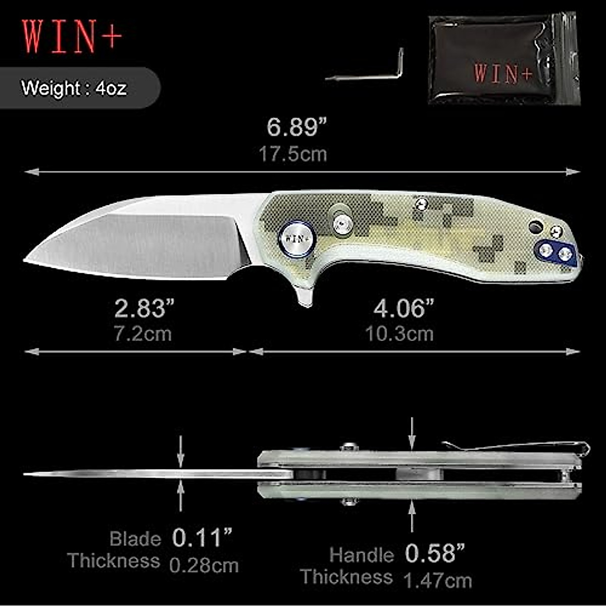 WIN+ Pocket Knife, Folding Knife with Button Lock, EDC Knife with Axis Lock and Ball Bearing, D2 Tactical Knife with G10 Handle, Survival Knives for Camping W3435 (B-Camo-G10)
