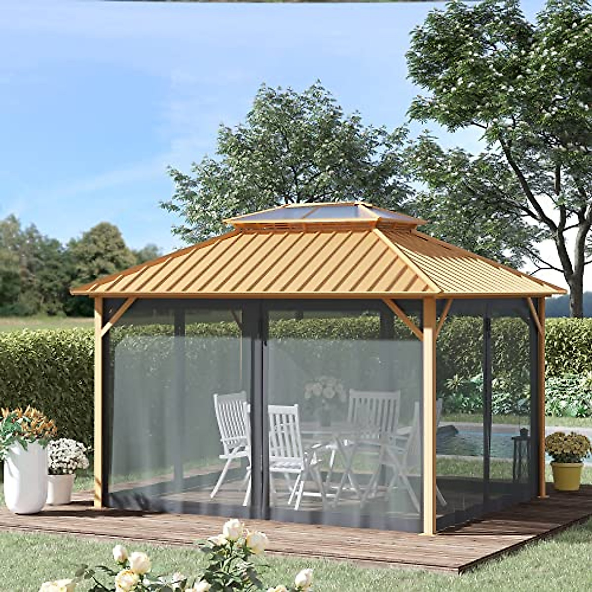 Outsunny 10' x 12' Hardtop Gazebo Canopy with Galvanized Steel Double Roof, Skylight Window, Aluminum Frame, Outdoor Permanent Pavilion with Netting, for Patio, Garden, Backyard, Yellow