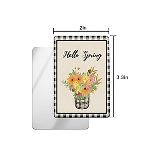 Carosoffe Hello Spring Small Compact Mirror for Purse, Daisy Hydrangea Flower Retro Burlap Plaid Travel Makeup Mirror for Women Men, Rectangular Handheld Compact Pocket Mirror 2 PCS