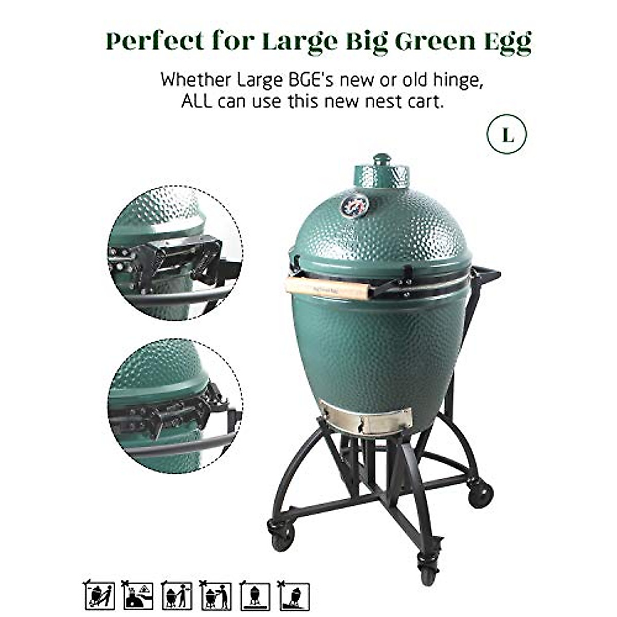 KAMaster Newly Grill Nest Rolling Cart with Handler + Foot Putter for Large Big Green Egg Stand with Heavy Duty Locking Caster Wheels Powder Coated Steel Rolling Nest Big Green Egg Smoker Accessories