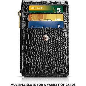 ELV Badge Holder with Zipper, PU Leather ID Badge Card Holder Wallet with 5 Card Slots, 1 Side RFID Blocking Pocket and 20 inch Neck Lanyard Strap for Offices ID, School ID, Driver Licence