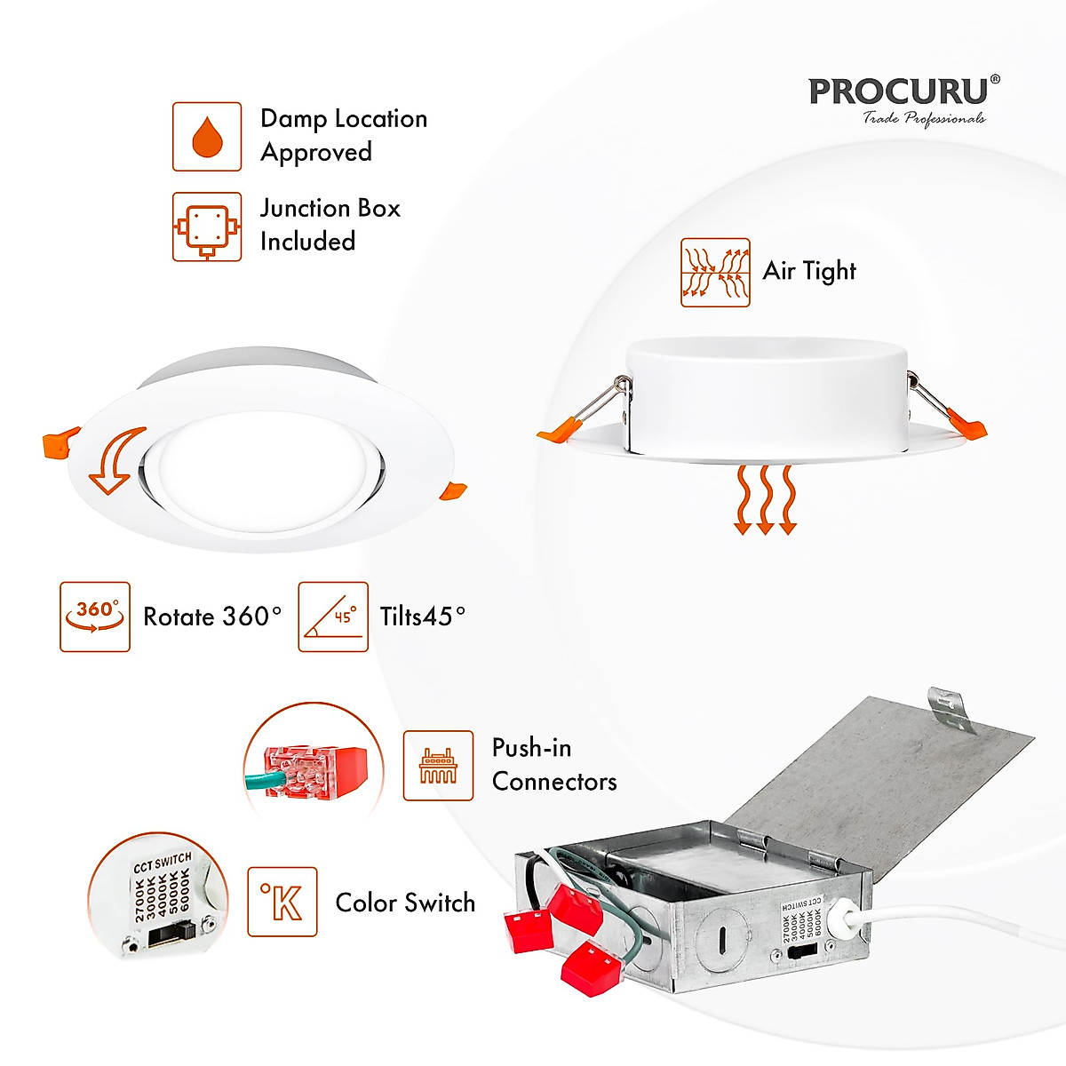 PROCURU [4-Pack] 6-Inch Gimbal Air-Tight LED 2700K-6000K 5CCT Color Selectable, Adjustable, Rotate & Swivel Ultra-Thin Heavy Duty Recessed Ceiling Downlight, Dimmable, IC Rated (VGB65W-4P)