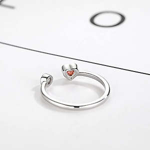 January Garnet Birthstone Heart Ring, 925 Sterling Silver Adjustable Birthstones Stackable Finger Open Rings Wedding Engagement Eternity Bands with Red CZ, Birthday Jewelry Gift for Women