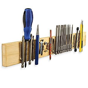 15.7 Inch Bamboo Magnetic Bits Holder Bar, Powerful Magnetic Garage Wall Pegboard Anti-Lost Workshop Small Metal Tools Storage Flat Magnet Strip,Easy Access Tools Organizer, Keep your Tools in Neat