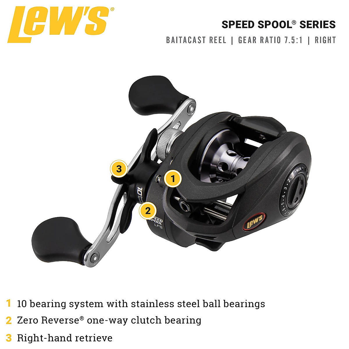 Lews Fishing SS1SHA Speed Spool LFS Baitcasting Reel, 7.5: 1 Gear Ratio, 9Ss+1Rb Bearings, Right Hand, ALUMINUM