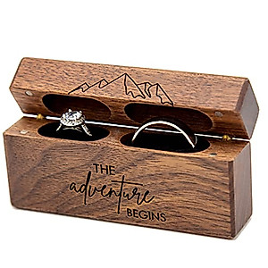 MUUJEE The Adventure Begins Double Ring Box - Engraved Slim Wooden Ring Case Box for Wedding Ceremony Engagement Proposal Ring Bearer Box - Anniversary Birthday Gift Ideas