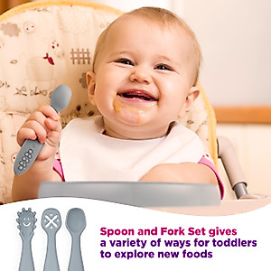 Modern Legacy Home Silicone Toddler Fork and Spoon Utensils, Baby Led Weaning (BLW) Eating Essentials, Kids Self Feeding Set (Cream), CTL5038-17