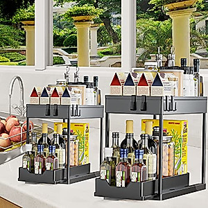 Under Sink Organizers and Storage - Adjustable Height Sliding 2-Tier Pull Out Drawer Rack Multi-Purpose Under Sink Shelf Organizer for Kitchen Bathroom Under Counter Cabinet Storage (Dark Black-2pcs)