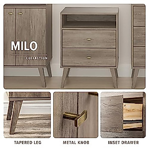 Prepac Milo Mid-Century Modern 2 Drawer Nightstand, Bedside Table, Contemporary Bedroom Furniture, 16"D x 25"W x 25"H, Drifted Gray