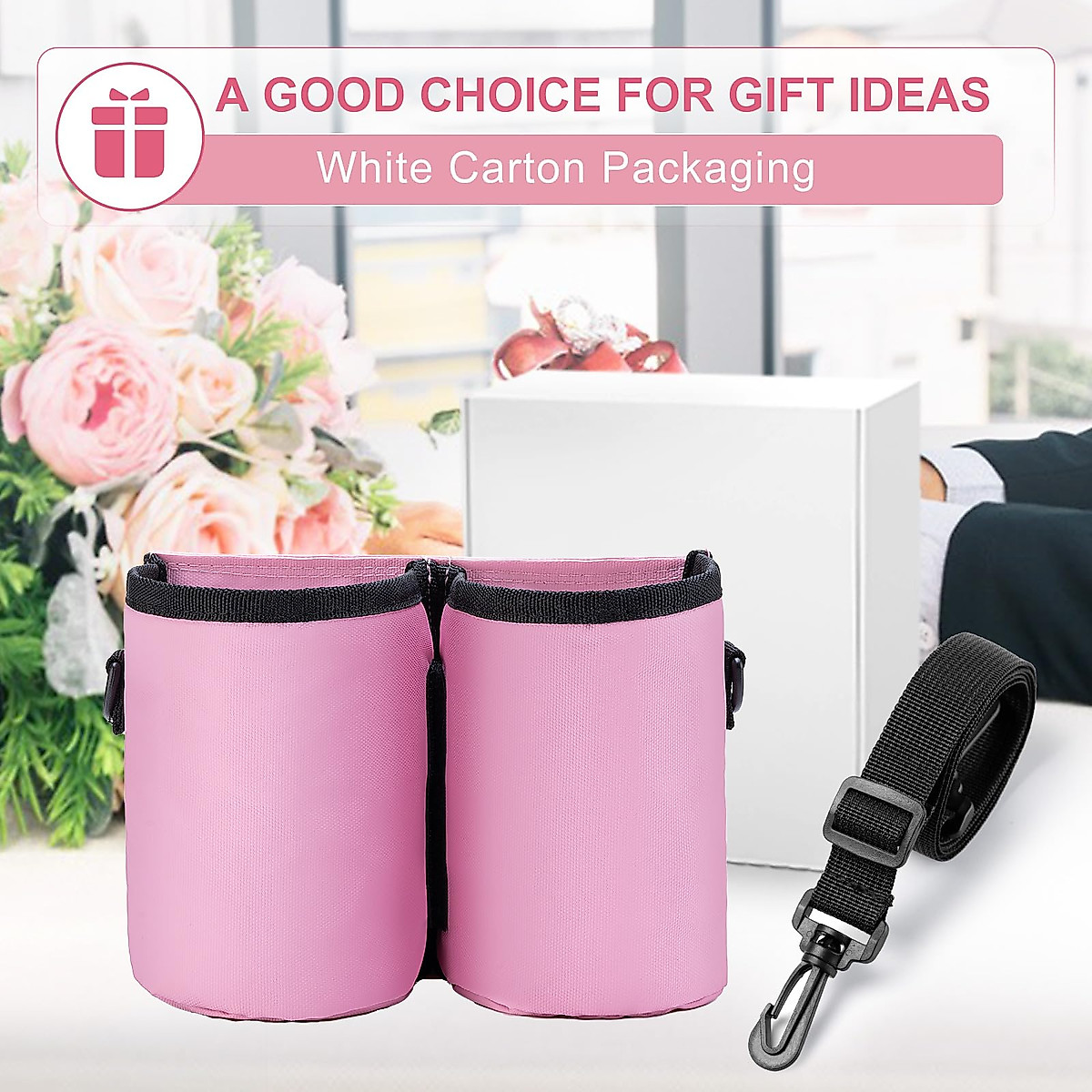 Luggage Cup Holder Travel Drink Bag Luggage Drink Caddy with Shoulder Strap, Thermal Insulation and Zipper Pocket, Travel Accessories Gifts for Flight Attendants, Fits Roll on Suitcase Handles (Pink)