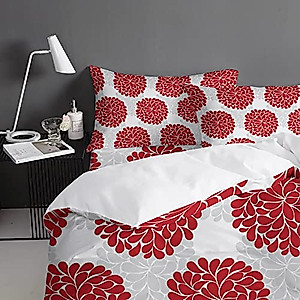 Red Dahlia Bed Bedding 4 Piece Comforter Set - Duvet Cover Set Queen Size Premium with Zipper Closure Ultra Soft, 4 Piece-1 Microfiber Duvet Cover Matching,2 Pillow Shams,1 Fitted Sheet