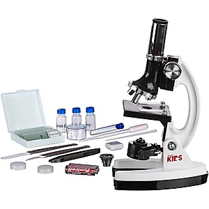 AmScope 120X-1200X 52-pcs Beginner Microscope STEM Kit with Metal Body Microscope, Plastic Slides, LED Light and Carrying Box (M30-ABS-KT2-W),White