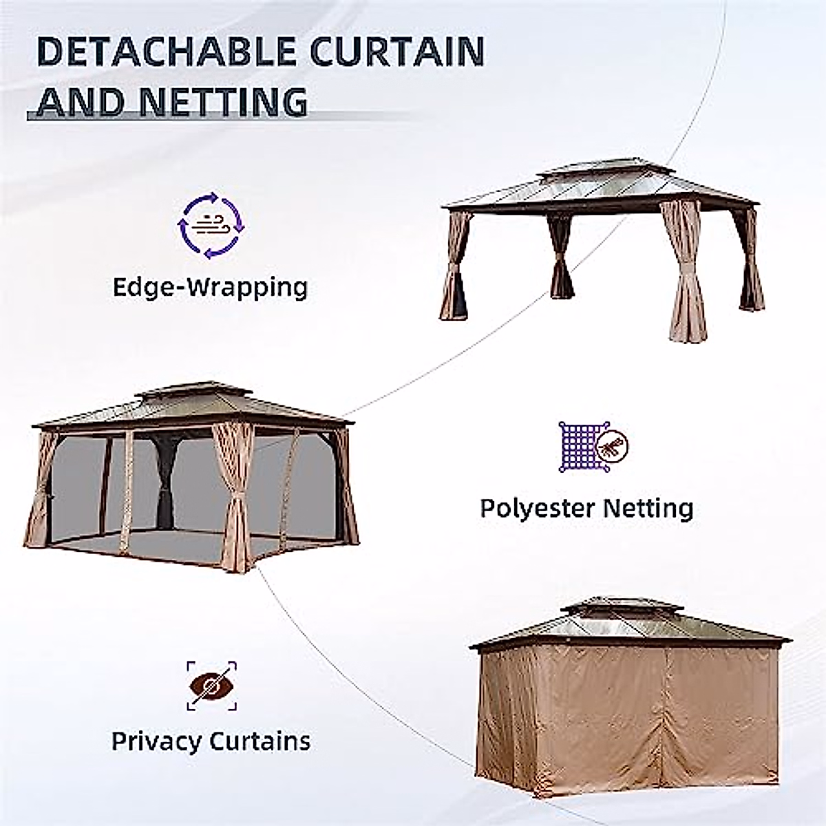 UBGO 12x16ft Outdoor Gazebo,Permanent Hardtop Gazebo with Curtain and Net,Aluminum Gazebo Pavilion with Polycarbonate Double Roof,for Garden, Patio, Lawns, Deck, Backyard, Wood Looking-Brown