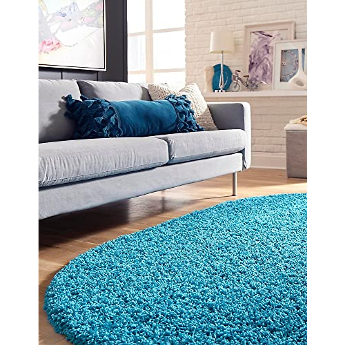 Rugs.com - Über Cozy Solid Shag Collection Rug – 8' x 10' Oval Turquoise Shag Rug Perfect for Living Rooms, Large Dining Rooms, Open Floorplans