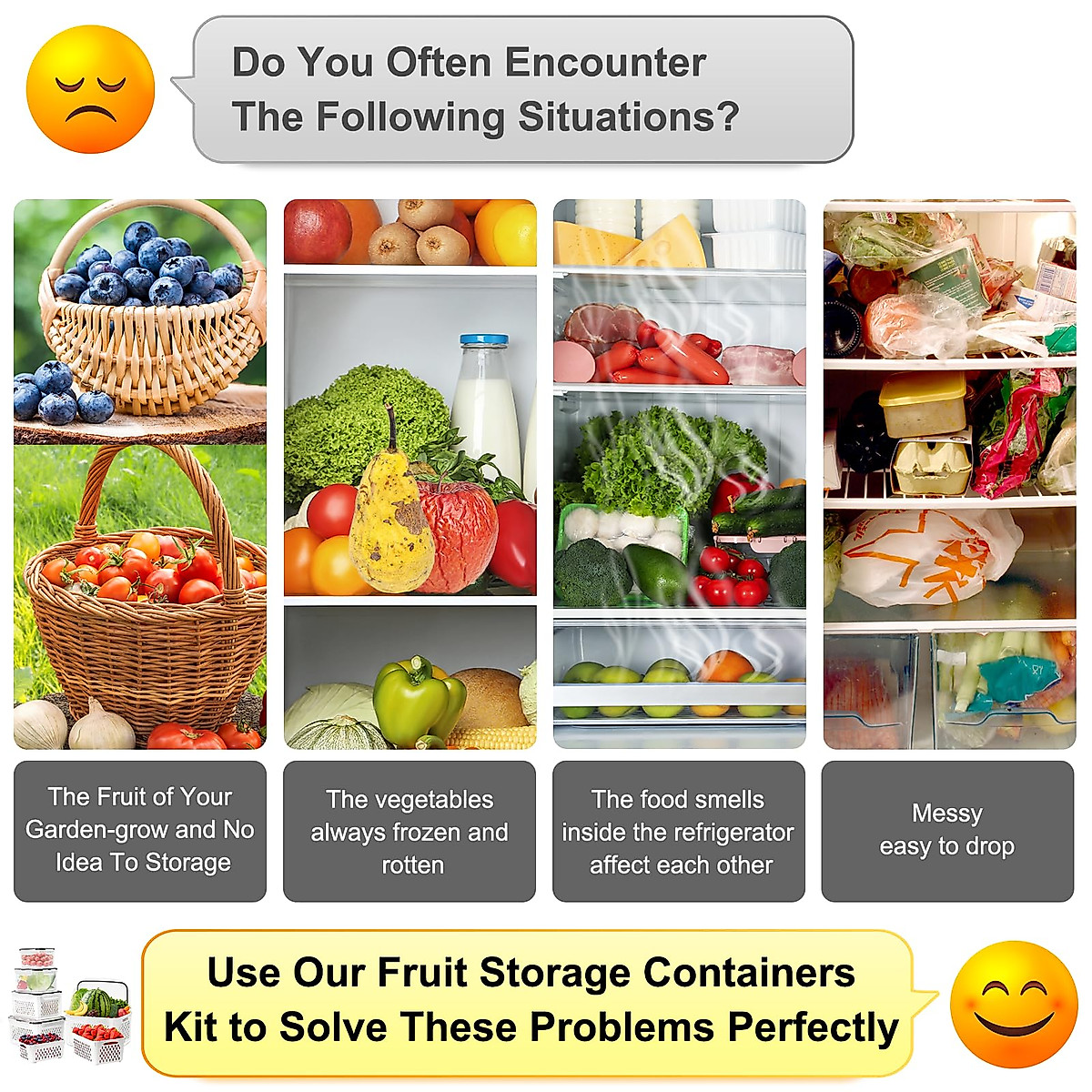 KETNET 5 Size Fruit Vegetable Storage Containers for Fridge with Colander and Lid Refrigerator Storage Containers Bins Organizer for Fruit Food Produce, Lettuce Keeper Keep Fruit Fresh Longer