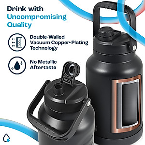 AQUAFIT One Gallon Water Bottle Insulated - Gallon Water Jug 128 oz - Large Water Bottle Insulated Growler - 1 Gallon Water Jug, Stainless Steel Big Water Bottle (Midnight Black)