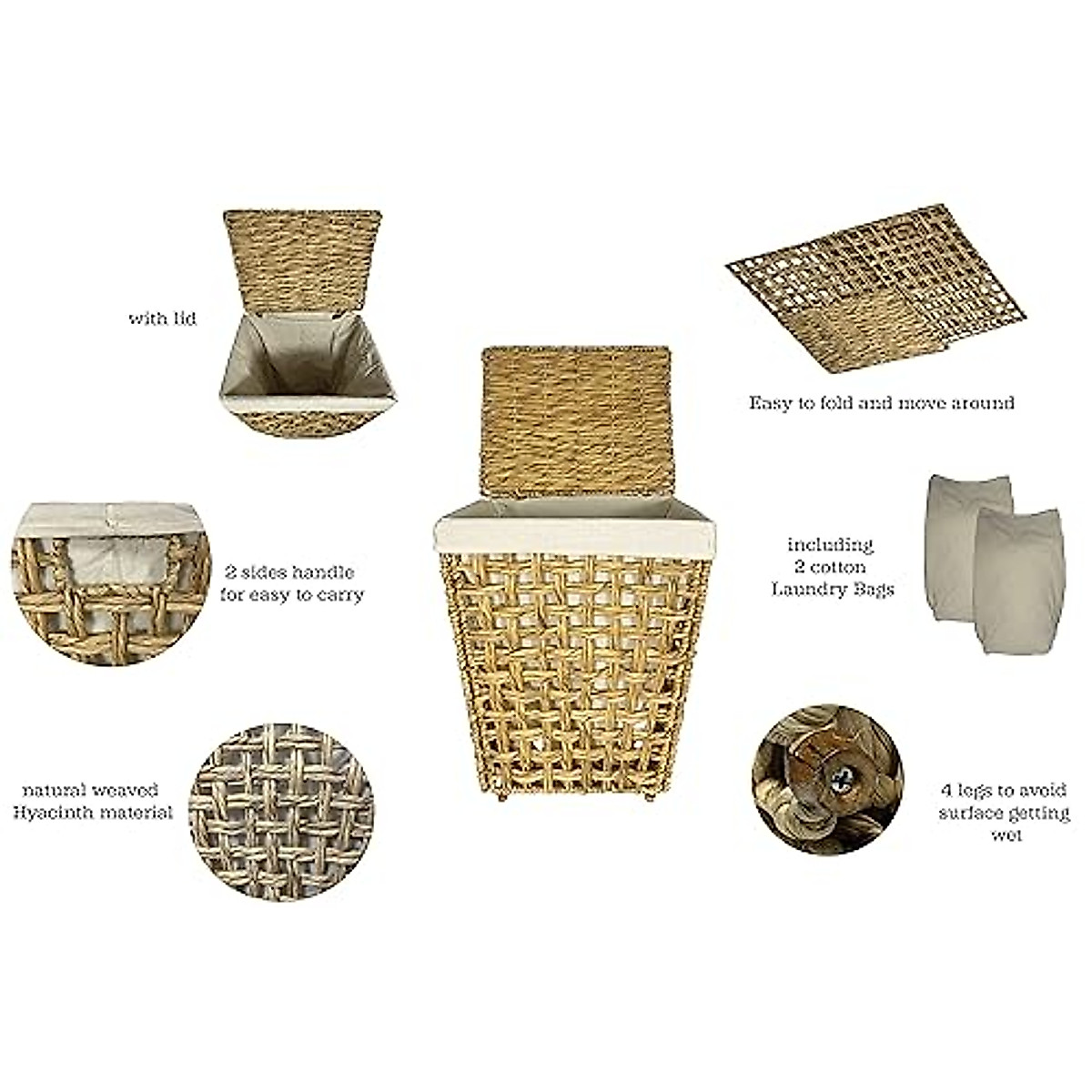 Natural V-Shape Foldable Storage Basket with 2 cotton Fitted Bags, 4 Legs, 2 Side Handles, Attached Lid, Made in Vietnam, 23 inch x 13.5 inch x 18 inch