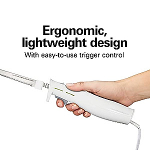Hamilton Beach Electric Knife for Carving Meats, Poultry, Bread, Crafting Foam & More, with Reciprocating Serrated Stainless Steel Blades, Ergonomic Design, Storage Case & Fork Included, White