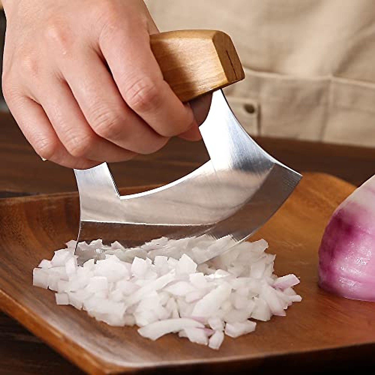 WiuCYS 5inch Alaskan Mezzaluna Ulu Knife, Salad Veggies Rocker Chopper Slicer Cutter Chef Hashing Chopping Mincing Knives Cleaver with Wooden Stand Sheath Arthritic Tool