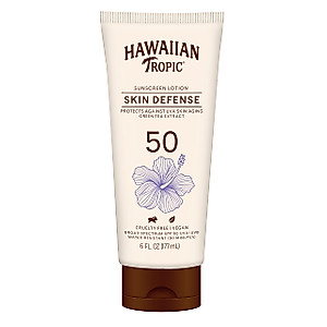 Hawaiian Tropic Skin Defense Sunscreen Lotion SPF 50, 6oz | SPF 50 Sunscreen Lotion with Green Tea Extract, Sunscreen Body Lotion, Oxybenzone Free Sunscreen, 6oz