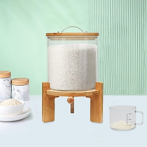 MSAIERPLR Glass Rice Dispenser, Flour and Cereal Container with Airtight Lid, Wooden Stand and Measuring Cup, Food Storge Container for Kitchen Organization and Pantry Store(5L)