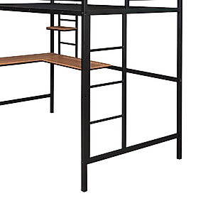Metal Loft Bed Frame, Twin Size Loft Bed with Desk and Storage Shelves, Metal Bed Frame with Safe Guardrail & Ladder for Kids Teens Adults, Space Saving Loft Bed, No Box Spring Needed (Black 1)