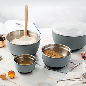 FineDine Stainless Steel Mixing Bowls with Lids Set, Stackable Nesting Dishware Bowls for Kitchen Space Storage Saving, Non-Slip Bottoms for Stability, 5 Quarts Salad Bowls