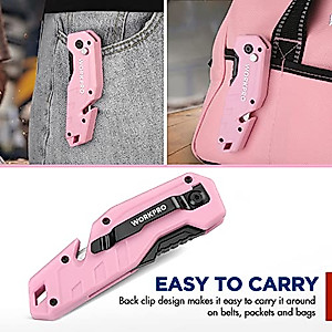 WORKPRO 100-Pack Utility Blades Replacement with Dispenser and Pink Folding Utility Knife with 10 Extra Blades