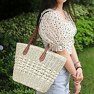 Women’s Straw Tote Bag Natural Woven Straw Beach Shoulder Bag Large Capacity Casual Handbags for Vocation