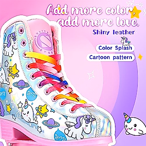 SULIFEEL Rainbow Unicorn Roller Skates for Girls Light up Wheels Womens Quad Skates with High Top Reflective TPU Leather Unicorn