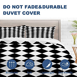Batmerry Black White Diamond Queen Size 3 Pieces Bedding Comforter Cover Sets,Soft Fluffy Abstract Black and White Harlequin Pattern Printed Duvet Cover for All Season