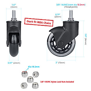 Hirate 3" Office Chair Casters with 3/8"-16UNC Threaded Stem, Soft Rubber Replacement Caster with Semi-Wrapped Structure for Most Floors, Set of 5 with Nylon Lock Nuts