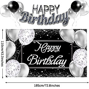 Happy Birthday Backdrop Banner Black and Silver Photography Background Happy Birthday Banner Large Birthday Party Sign Poster Photography Backdrop Party Decoration Supplies for Men and Women