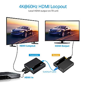 gofanco 4K HDMI 2.0 Extender Balun Over CAT6/7 Ethernet Cable – Loopout on TX, Up to 230ft (70m) at 4K @60Hz YUV 4:4:4, HDR, 18Gbps, HDCP 2.2, Dual IR, Toslink Audio, Near Zero Latency (HD20Ext-Aud)