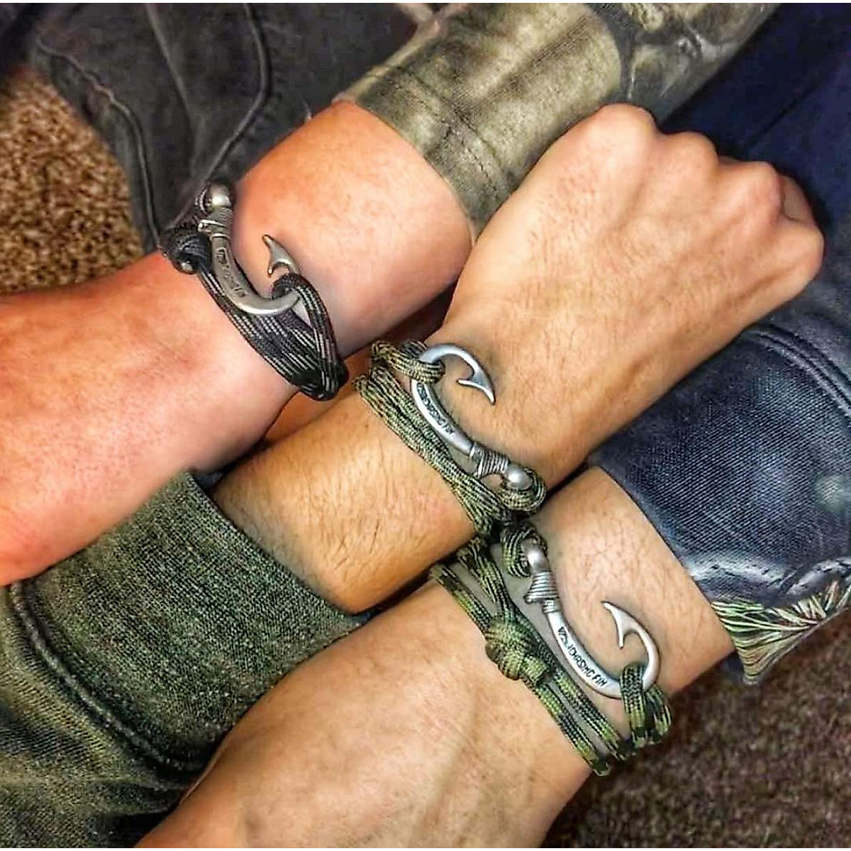 Chasing Fin Fish Hook Pendant Bracelet - Cool 30-Inch Military-Grade 550 Paracord Bracelet & Anklet - Adjustable Size, 100% Nylon Nautical & Fishing Accessory - J-Hook Pendant, Pewter - Arctic Camo