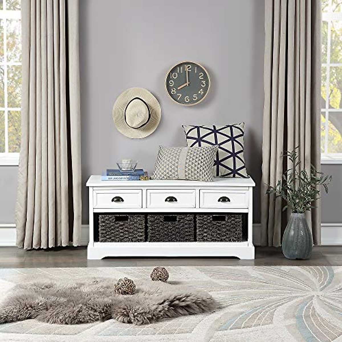 Knocbel Entry Wicker Storage Bench Wood Entryway Hallway Bedroom Bench Cabinet with 3 Drawers and 3 Woven Baskets, Fully Assembled, 19.5" H x 41.9" L x 15.2" W (White)