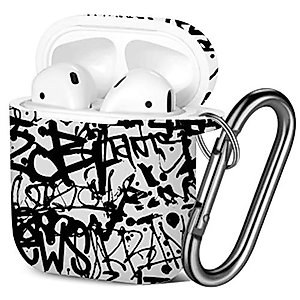 [ Compatible with AirPods 2 and 1 ] Shockproof Soft TPU Gel Case Cover with Keychain Carabiner for Apple AirPods (Graffiti)